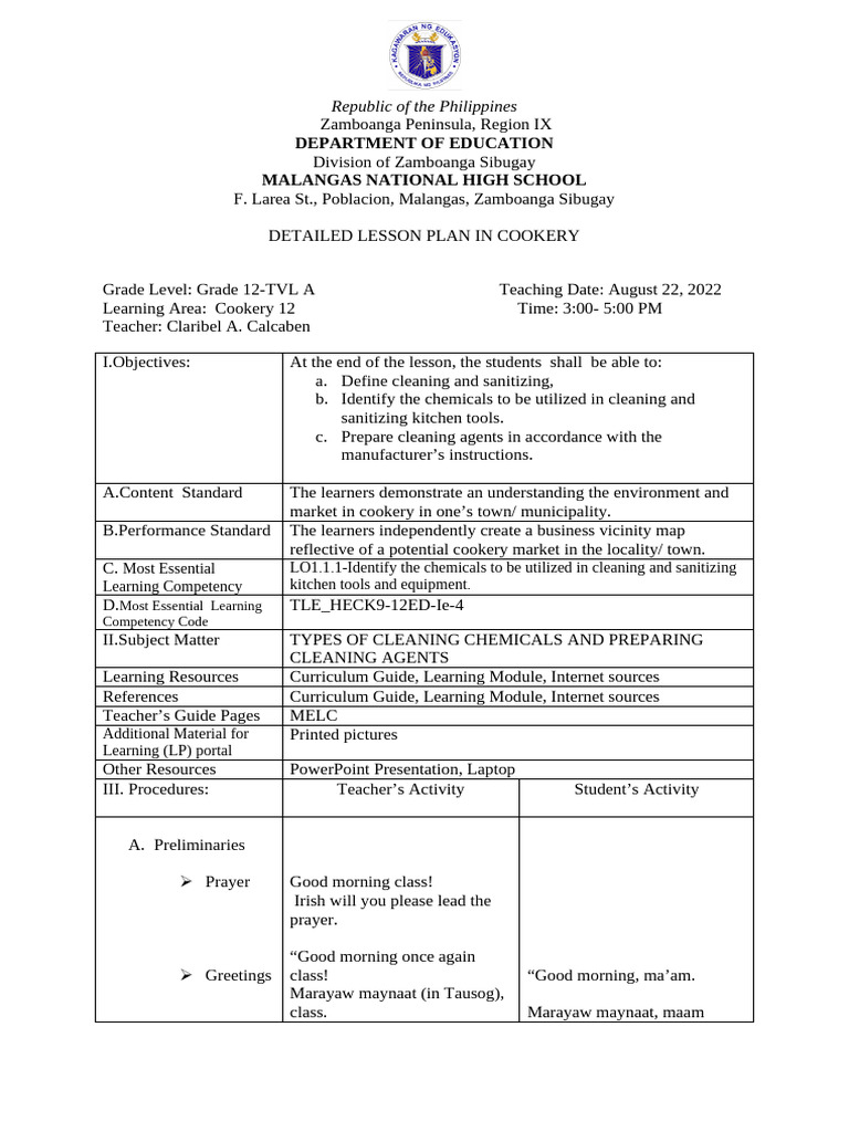 Detailed Lesson Plan 2022 | PDF | Salad | Kitchen Utensil