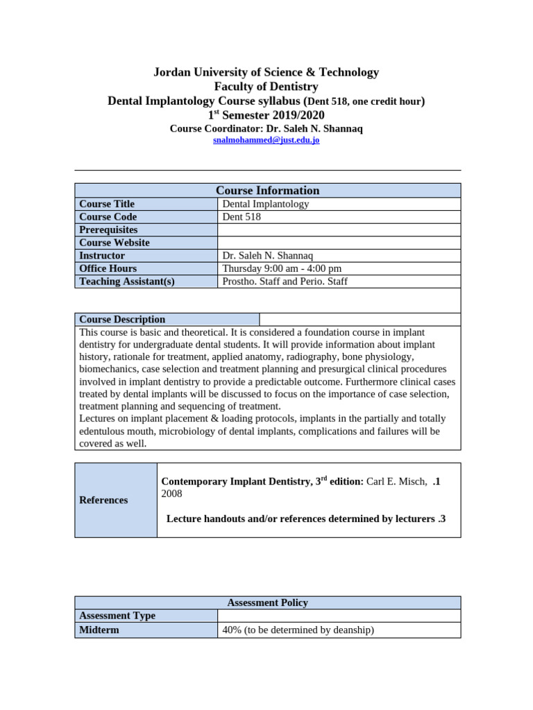 Dent 518 - Syllabus - 2019 - 20 | PDF | Dental Implant | Prosthodontics