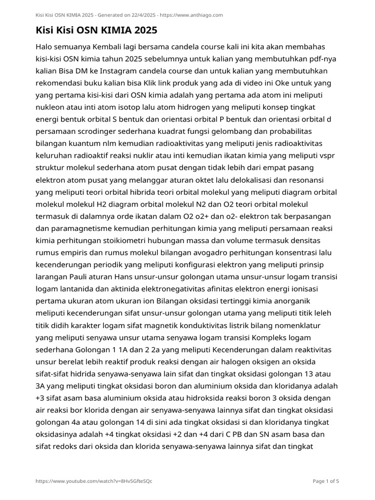Kisi-Kisi OSN Kimia 2025 untuk SMA | PDF