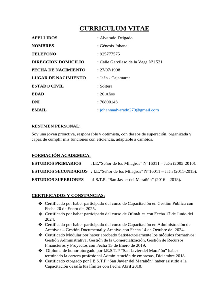 Currículum Vitae de Génesis Alvarado | PDF