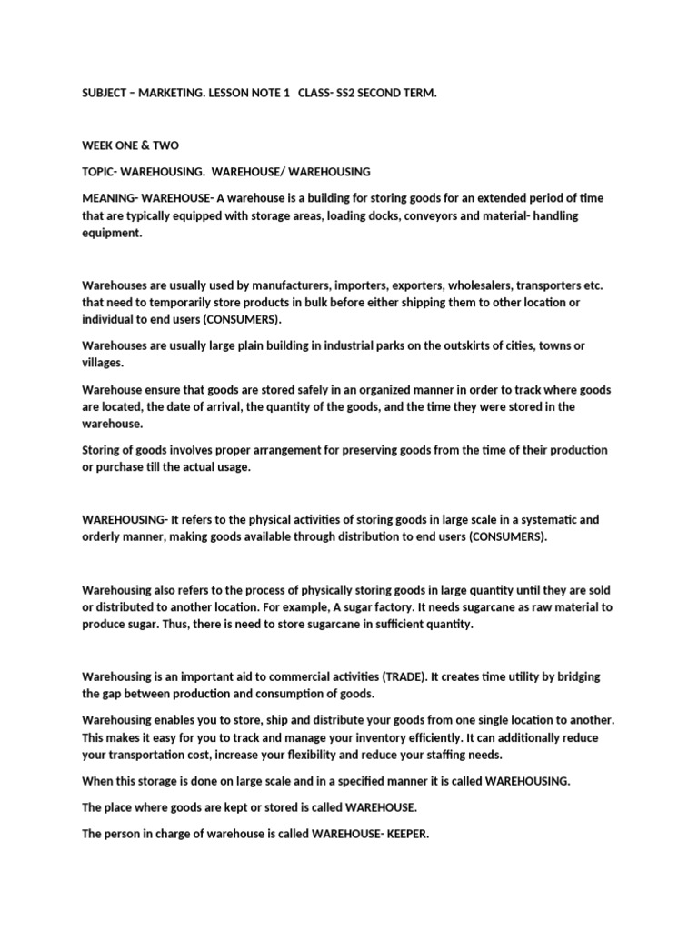 Marketing Ss2 Second Term | PDF | Warehouse | Market Segmentation