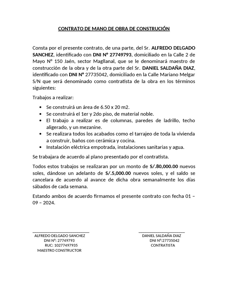 Contrato de Mano de Obra de Construción Daniel Saldaña Diaz | PDF
