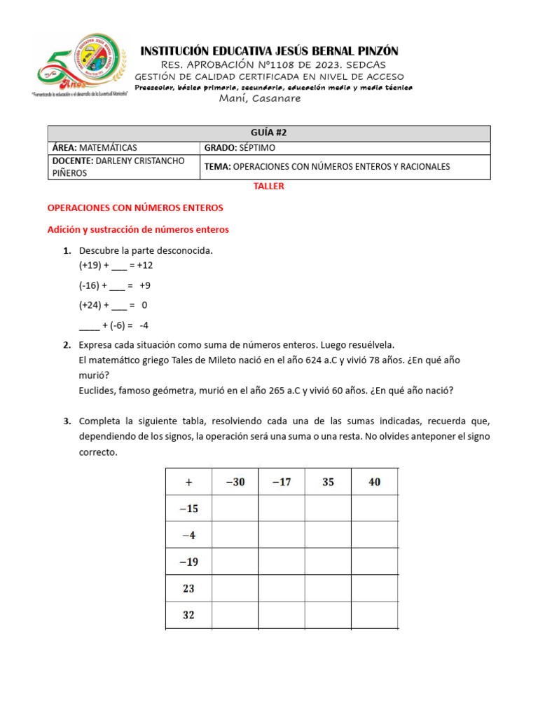Guia #2 Septimo Matematicas | PDF | Sustracción | Matemáticas