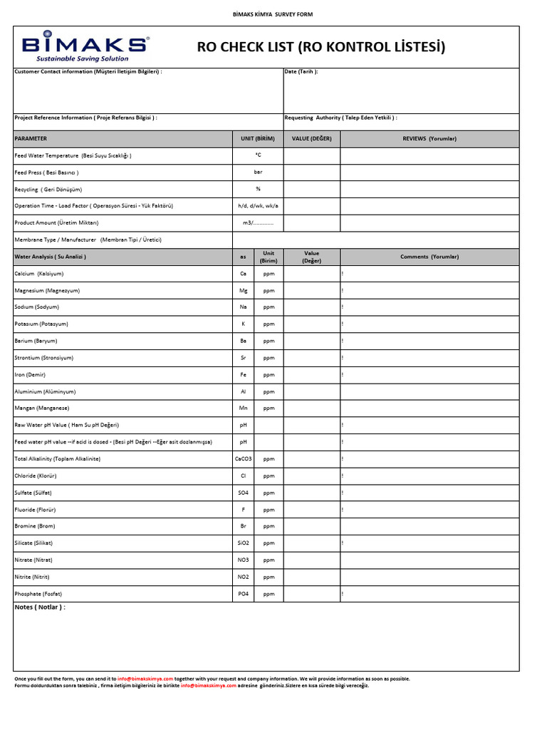 Check List Control List Ro Sistemleri Kontrol Listesi 2018 | PDF