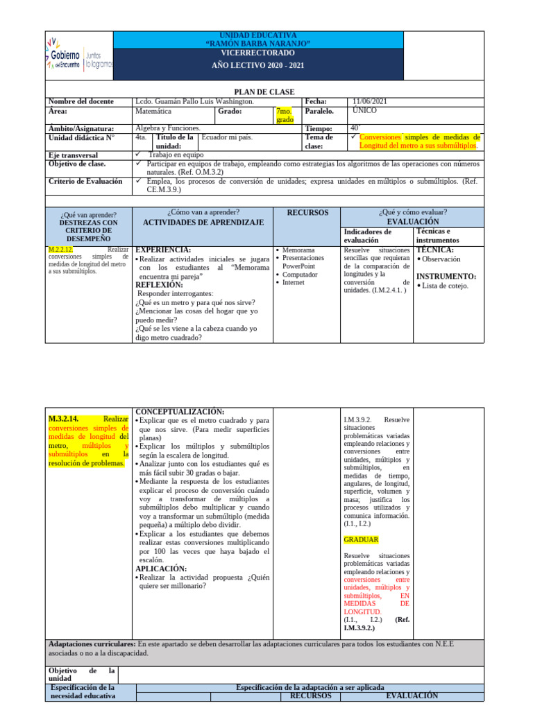 Plan de Clase M 7mo | PDF | Aprendizaje