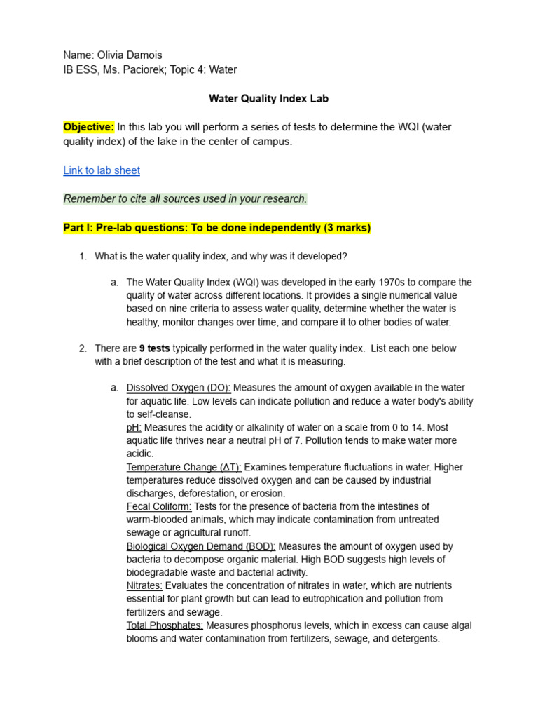 WQI Lab IB ESS Olivia | PDF | Eutrophication | Water Pollution