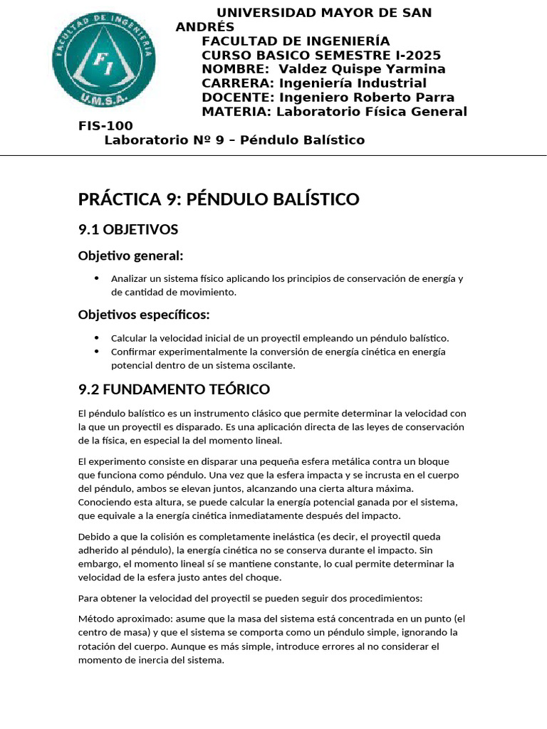 Pendulo Balistico | PDF | Cinemática | Péndulo
