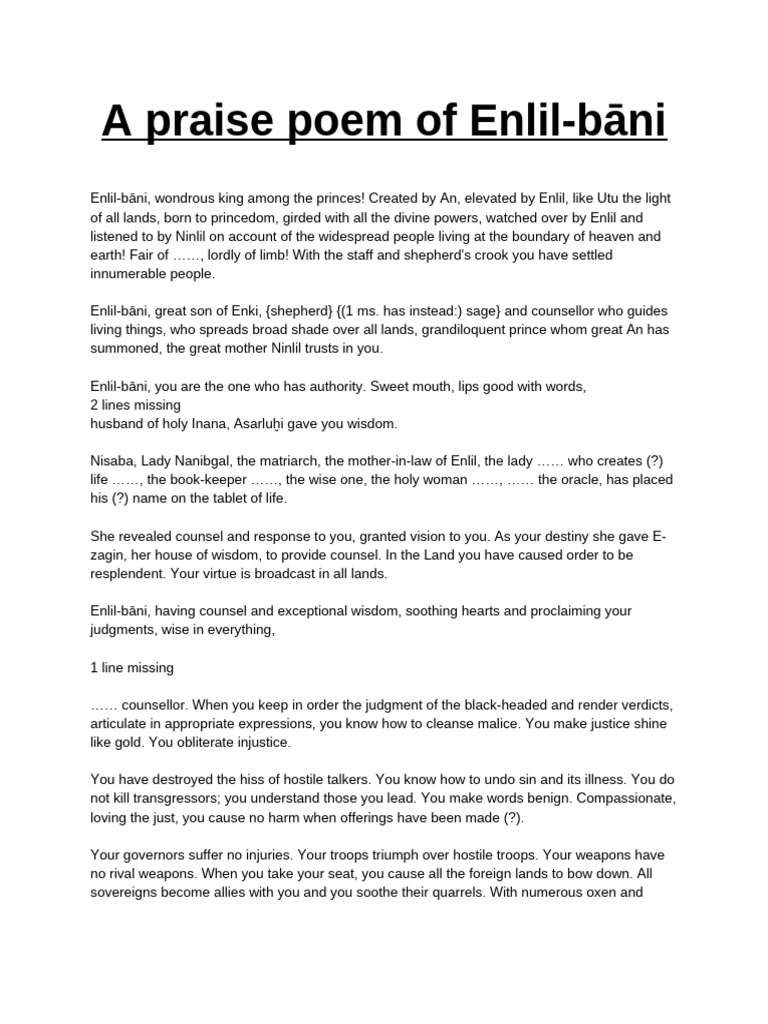 Exaltation of Enlil-Bāni Sumerian Tablet | PDF | Mythological ...