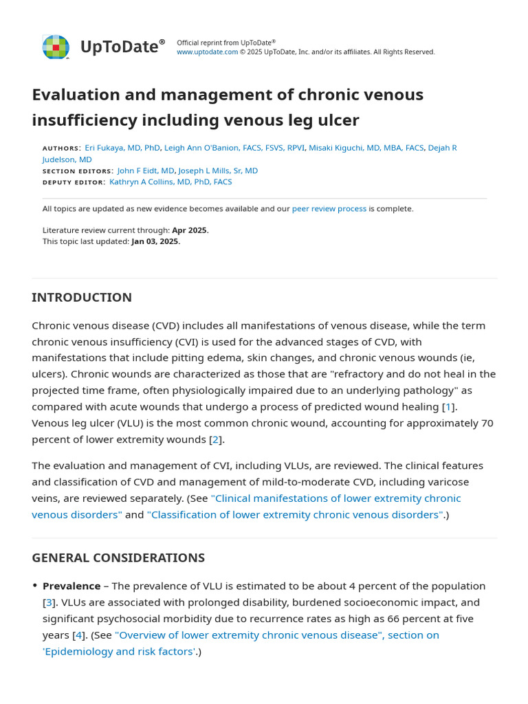 Evaluation and Management of Chronic Venous Insufficiency Including Venous Leg Ulcer - UpToDate ...