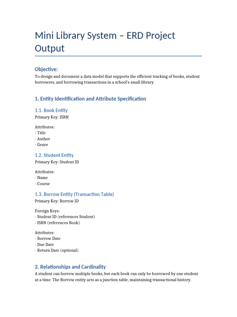 Mini Library System ERD Project | PDF