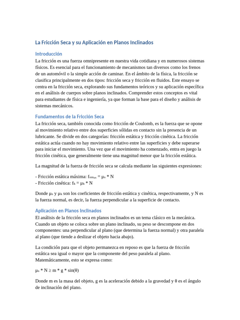 Fricción Seca en Planos Inclinados | PDF | Fricción | Fuerza