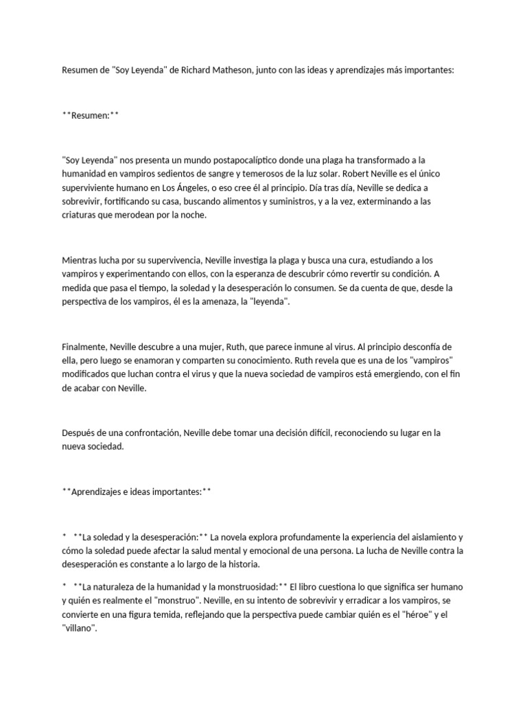 Resumen de "Soy Leyenda" de Matheson | PDF