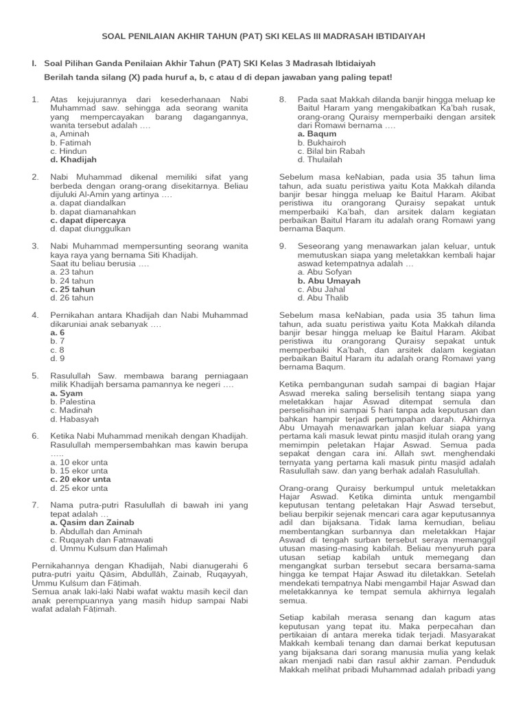 Soal Penilaian Akhir Tahun Ski Kelas 3 Mi | PDF