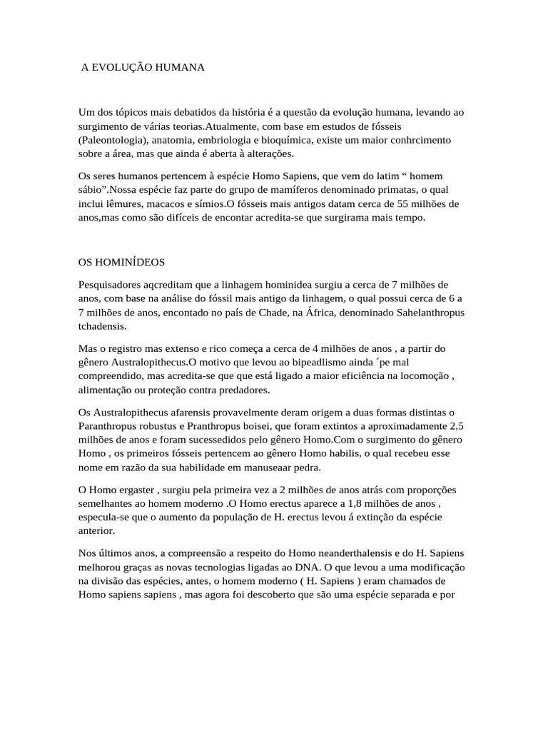 A EVOLUÇÃO HUMANA | PDF | Homo | Humano
