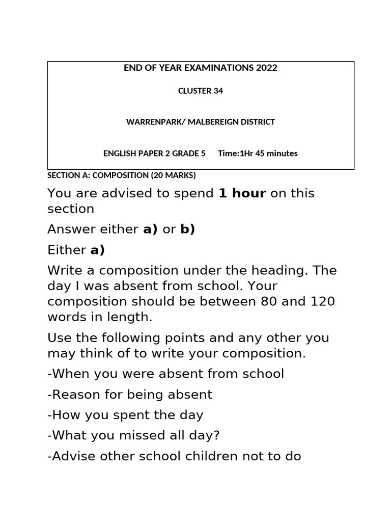 Grade 5 English Paper 2 (Typed by Rejo) | PDF