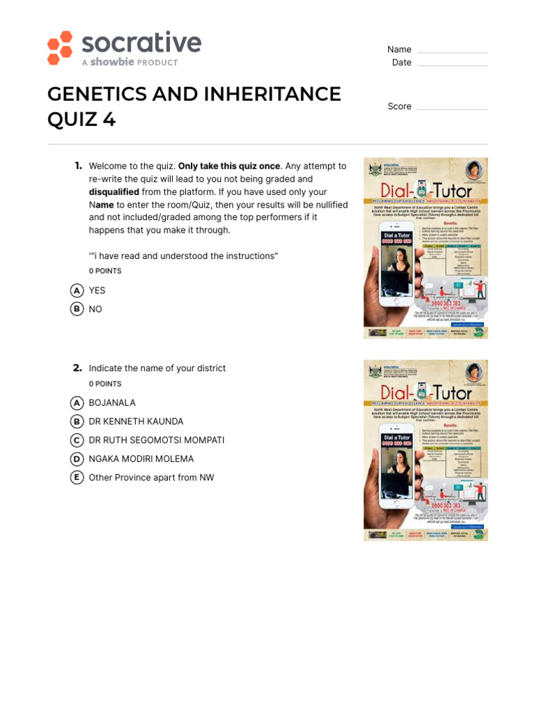 Quiz - Genetics and Inheritance Quiz 4 | PDF | Zygosity | Mutation