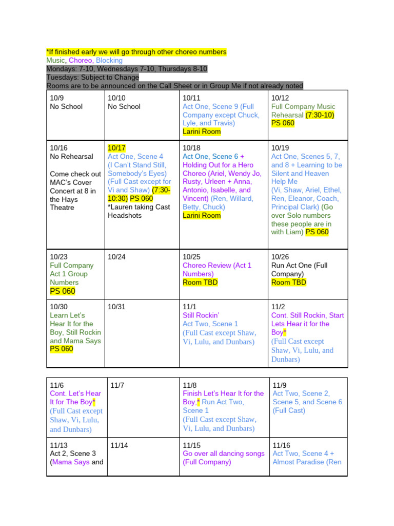 Rehearsal Schedule for Musical Production | PDF | Musicals Based On Works
