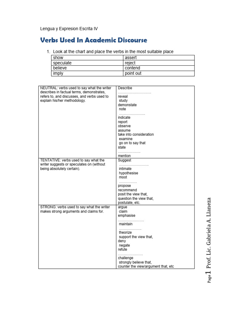 Verbs and Connectors in Academic Discourse ST 1 | PDF