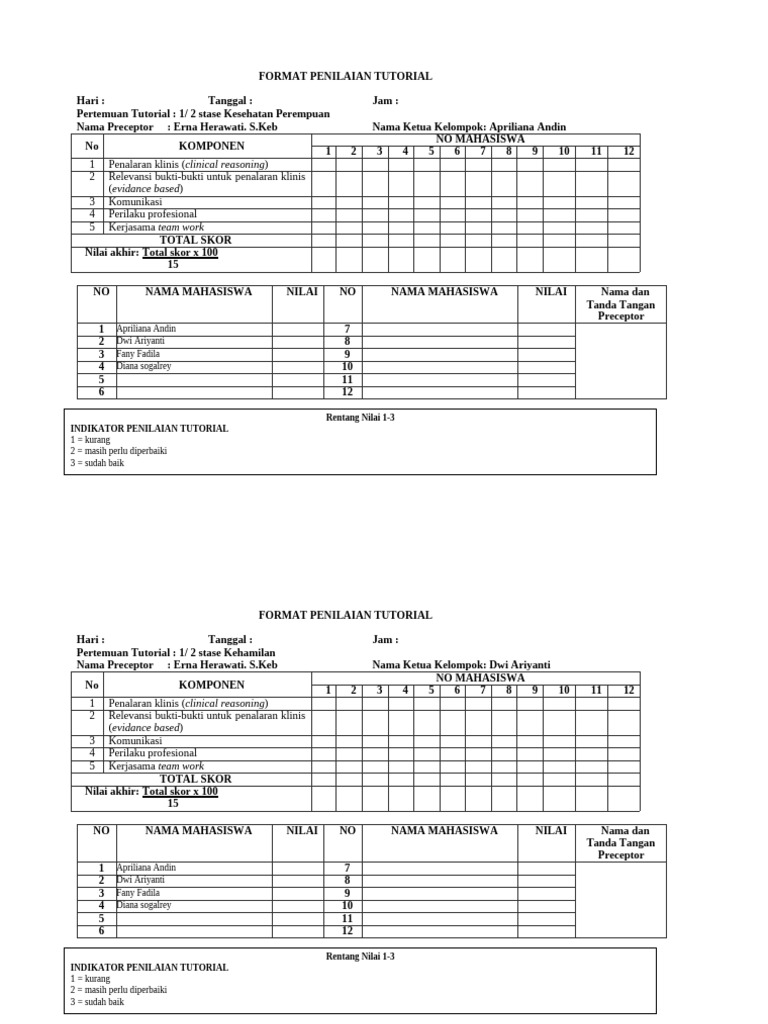 Format Penilaian Tutorial Kesehatan Perempuan | PDF