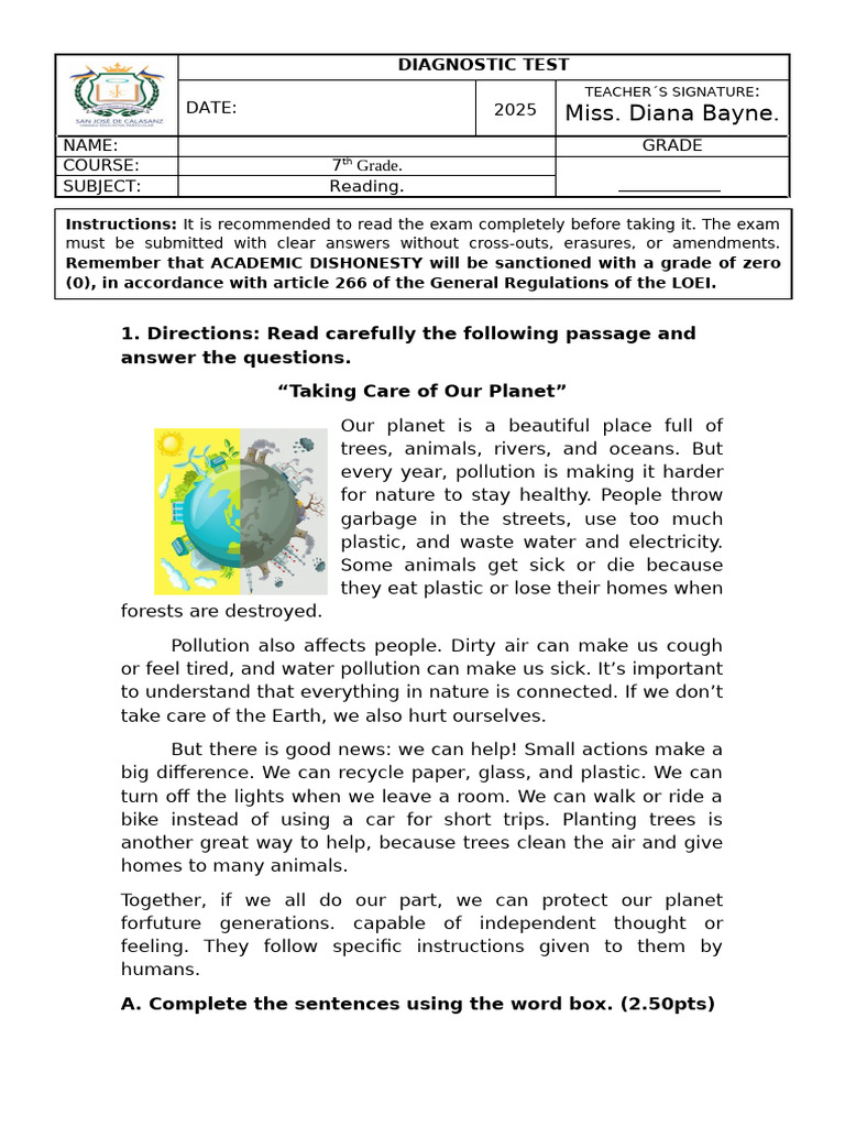 7th Diagnostic Test Reading 7th | PDF | Robot | Robotics