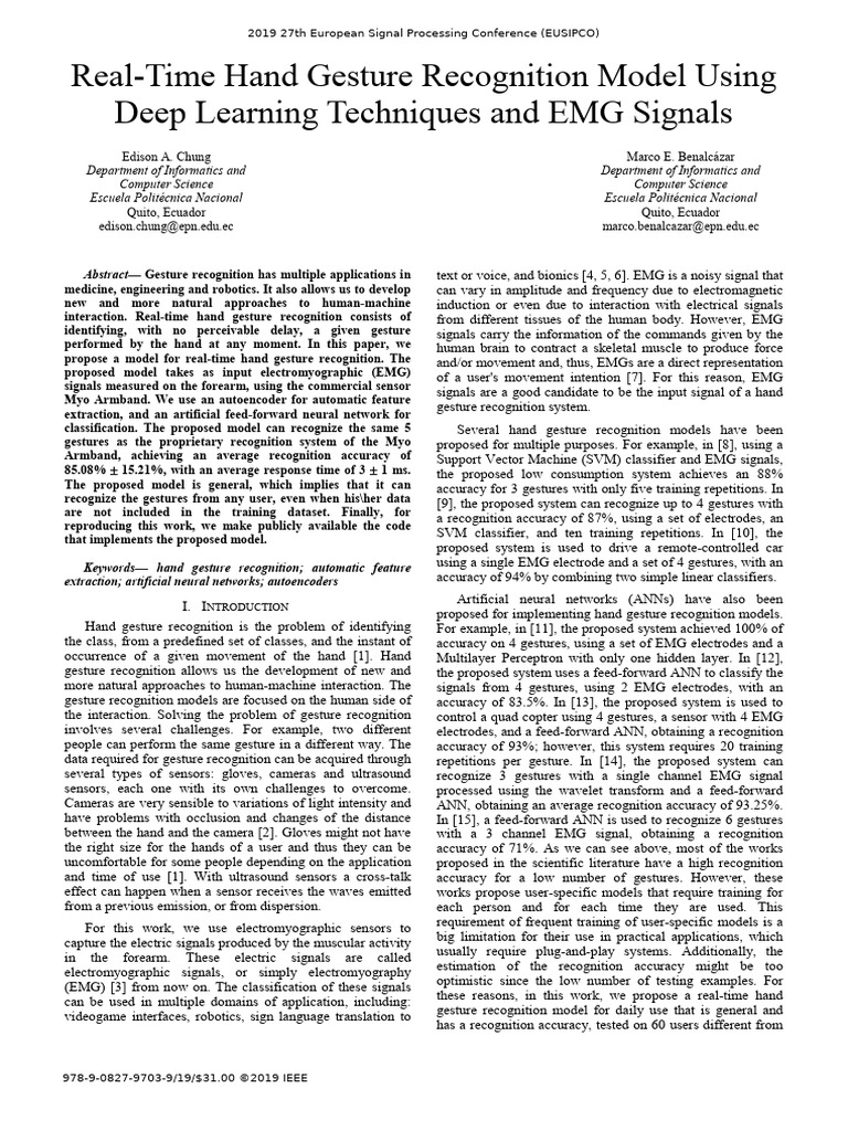VU Real-Time Hand Gesture Recognition Model Using | PDF | Electromyography | Artificial Intelligence