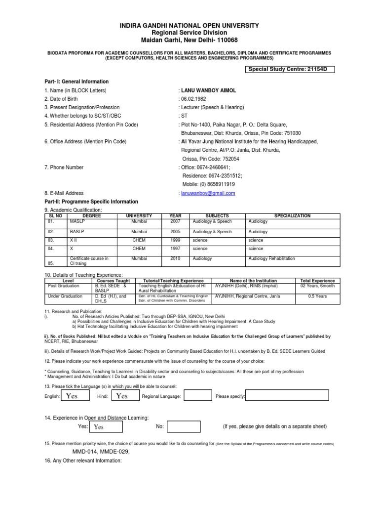 Wanboy IGNOU Biodata | PDF | Audiology | Inclusion (Education)