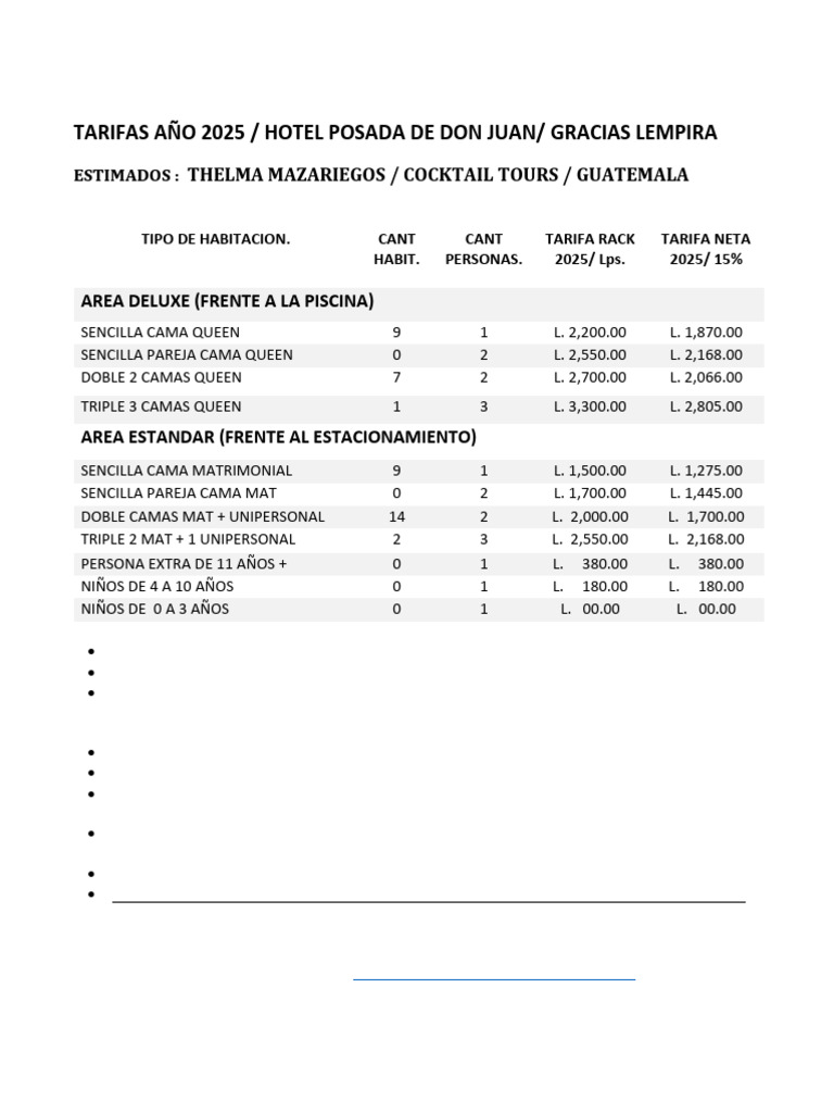 Tarifas Cocktail Tours Año 2025 | PDF | Hotel | Industria de la ...