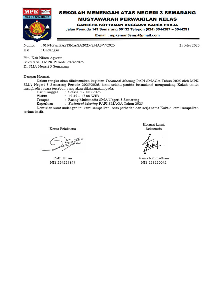 Surat Undangan TM Papi Smaga Tahun 2025 Kakak Pengurus MPK - Kak Niken Agustin | PDF