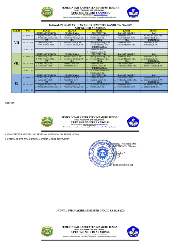 Jadwal Pengawas Ujian Akhir Semester Ganjil Ta 2024 | PDF