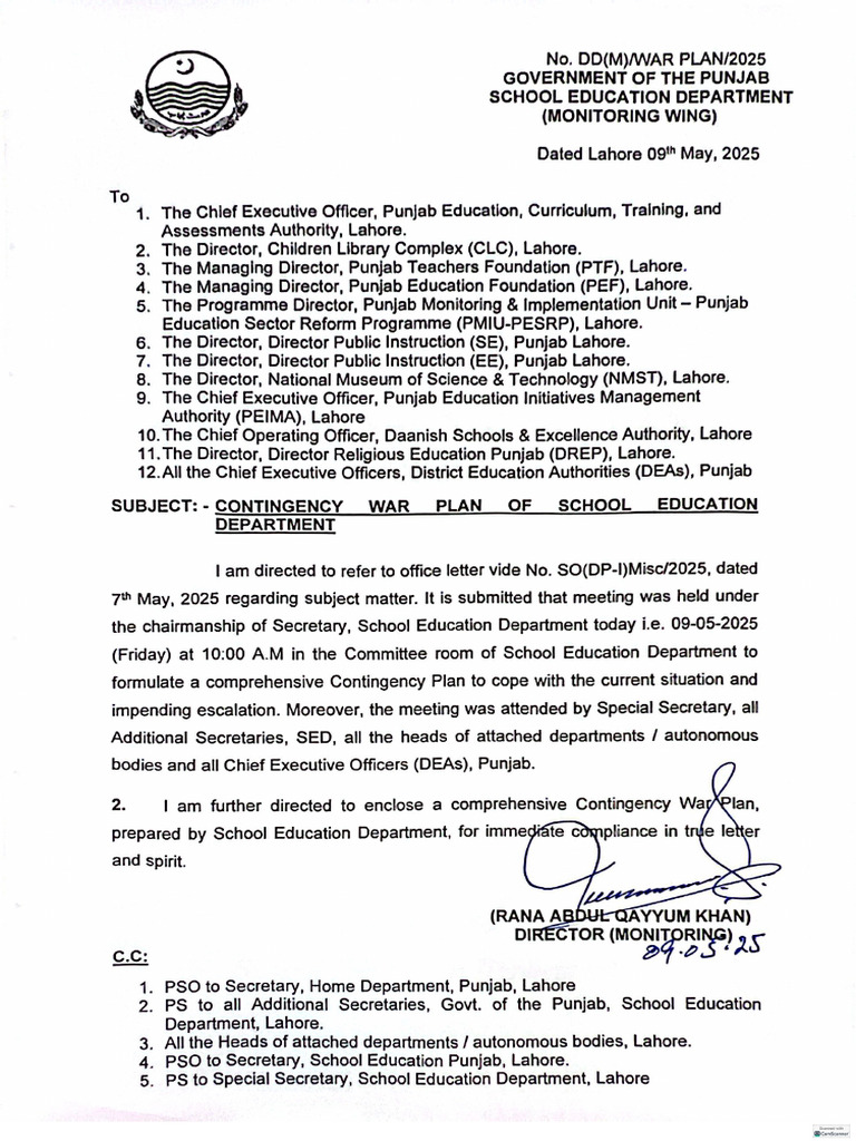 Punjab Contingency War Plan 2025 | PDF | Governance | Emergency Evacuation