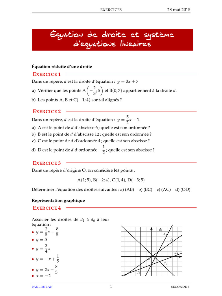 Exercices sur les équations linéaires | PDF | Droite (mathématiques ...