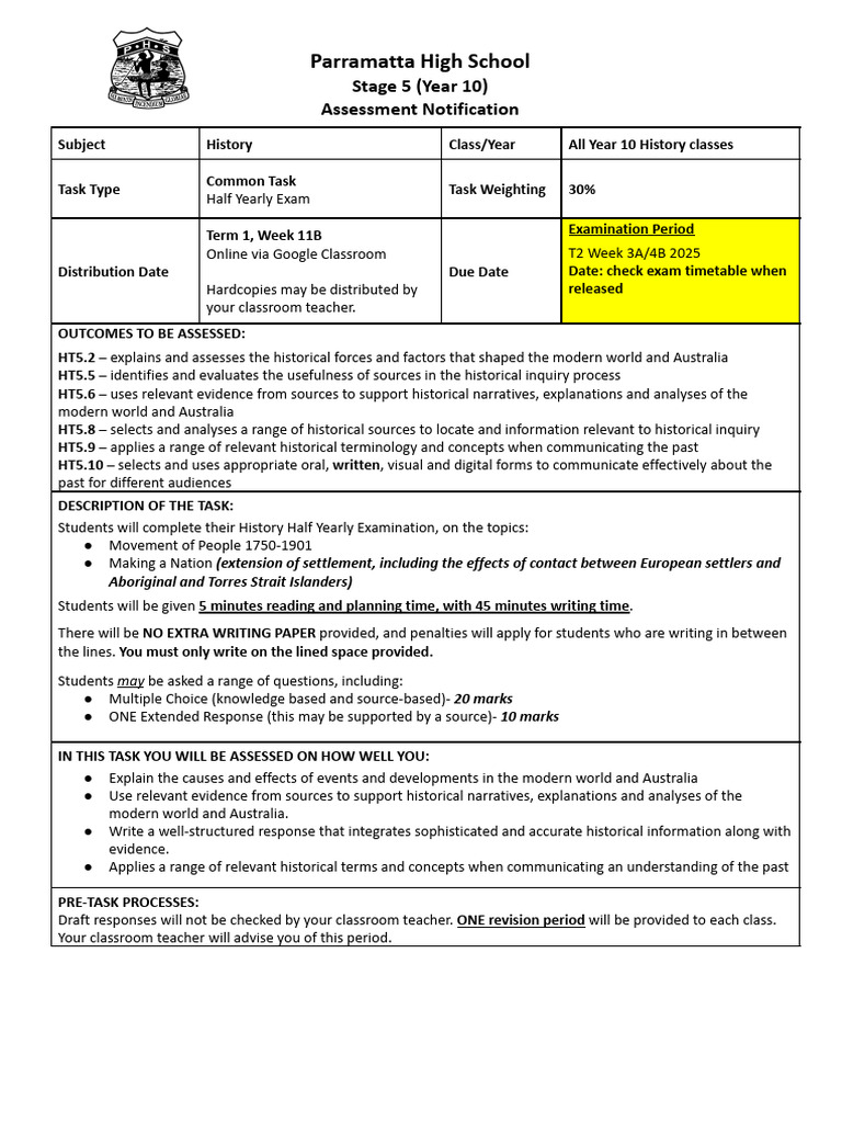 Year 10 History 2025 Exam Notification | PDF | Learning