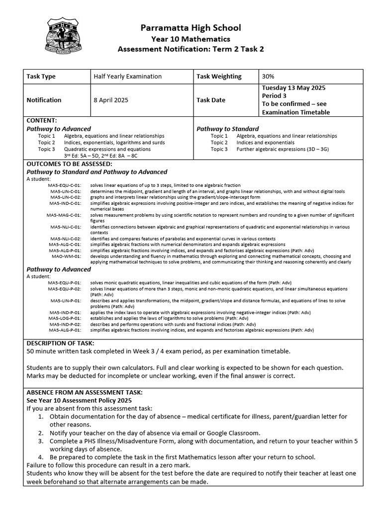 Parramatta High Year 10 Math Exam Details | PDF | Equations | Quadratic ...