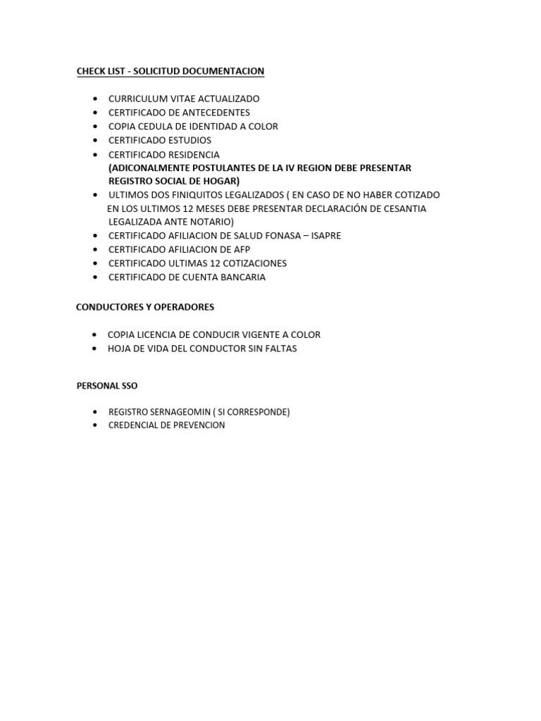 Check List Solicitud de Documentacion Para Contratación | PDF