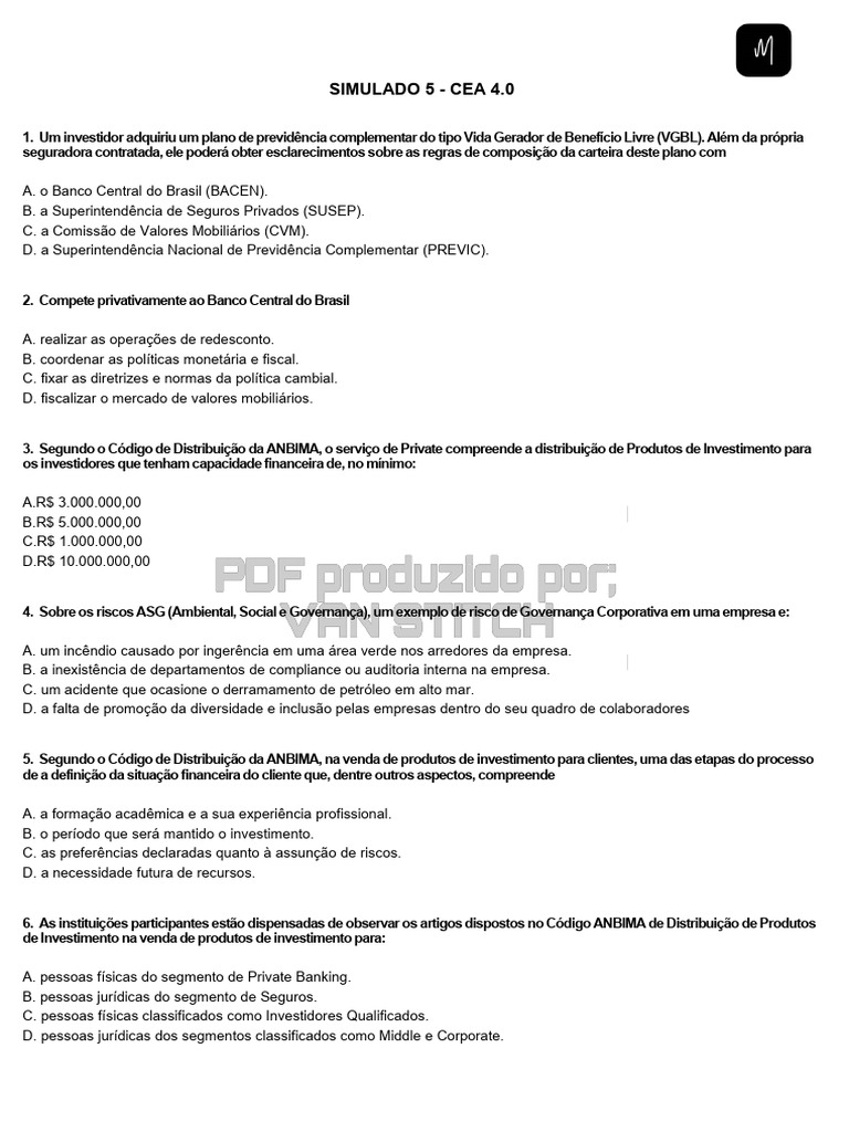 Simulado 5 - Cea 4.0 - Gabarito | PDF | Fundos mútuos | Opção (finanças)
