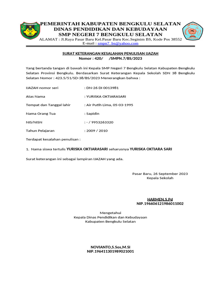 Surat Keterangan Kesalahan Penulisan Ijazah Dan Skhun Smp | PDF