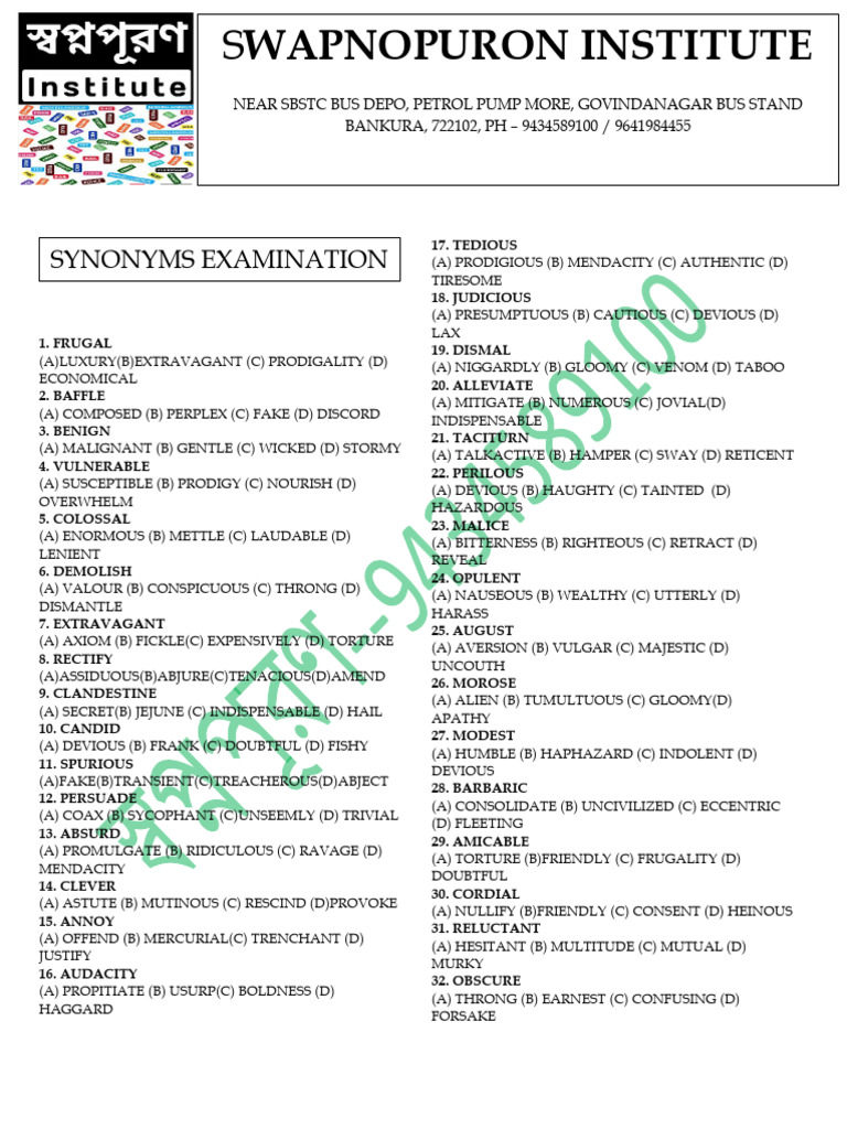 Antonyms and Synonyms Examination | PDF