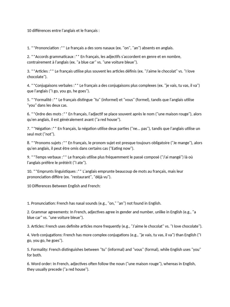 Différences entre anglais et français | PDF | Pronom | Nombre grammatical