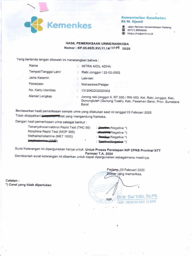 Surat Keterangan Bebas Narkoba | PDF