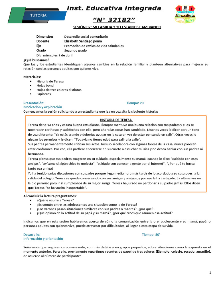 Sesion 2 - Mi Familia y Yo Estamos Cambiando | PDF