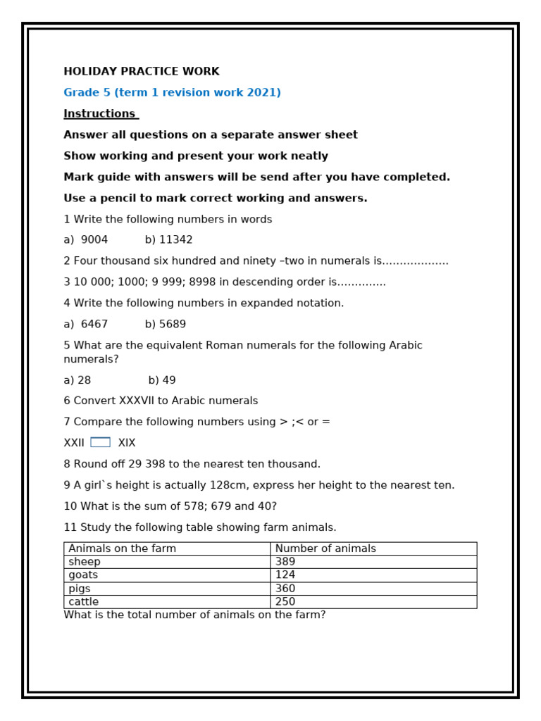 Grade 5 Holiday Practice Work | PDF