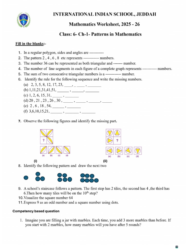 G6 MATHS PT1 UNIT-1 WORKSHEETS (Patterns in numbers) | PDF