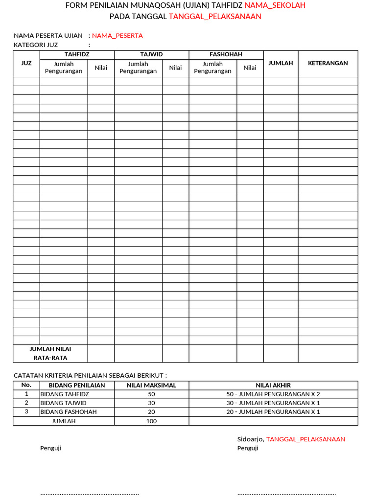 Form Penilaian Munaqosah | PDF