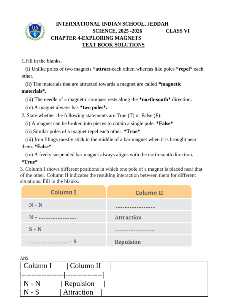 Class 6 Exploring Magnets Solutions | PDF | Magnet | Magnetism