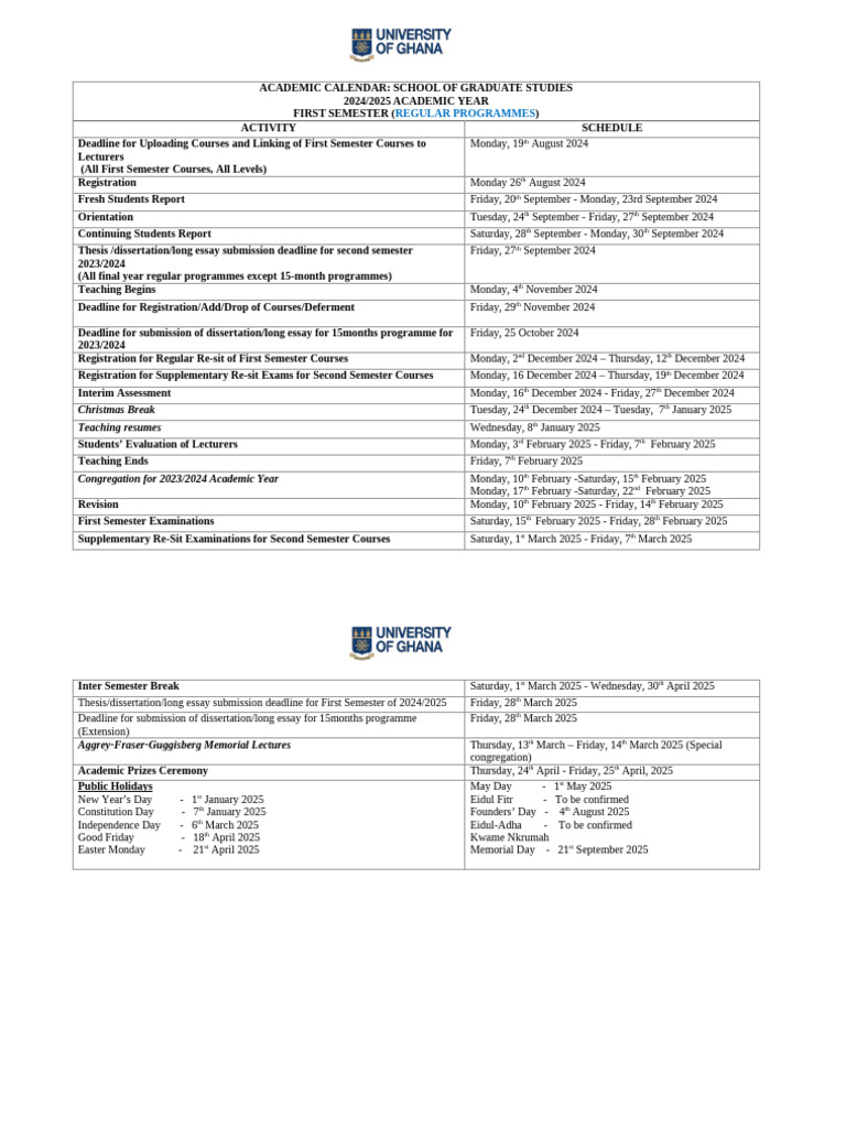 2024 - 2025 Academic Calendar - Sgs - Regular and Sandwich Programmes ...