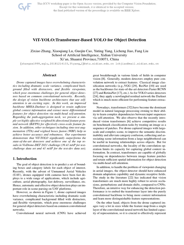 Zhang ViT-YOLOTransformer-Based YOLO For Object Detection ICCVW 2021 Paper | PDF | Applied ...