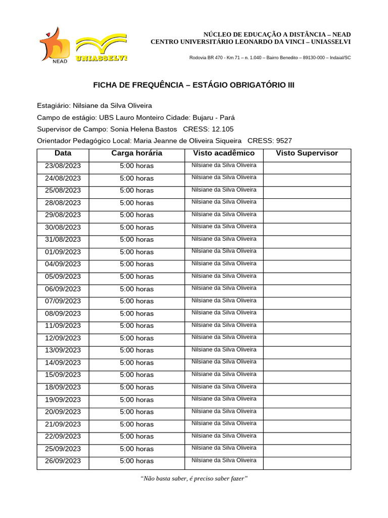 Ficha de Frequência - Estágio Obrigatório III | PDF | Programas de aprendizagem | Estágios ...