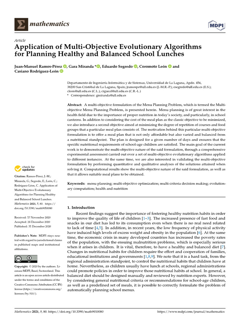 Application of Multi-Objective Evolutionary Algorithms For Planning Healthy and Balanced School ...