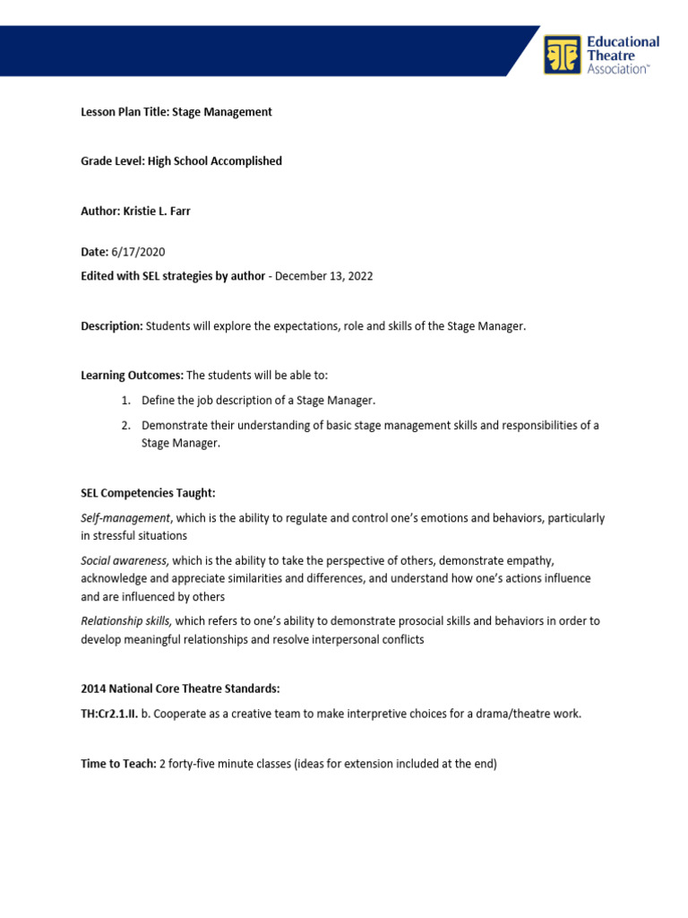 Stage Management - SEL Lesson | PDF | Skill | Social Psychology