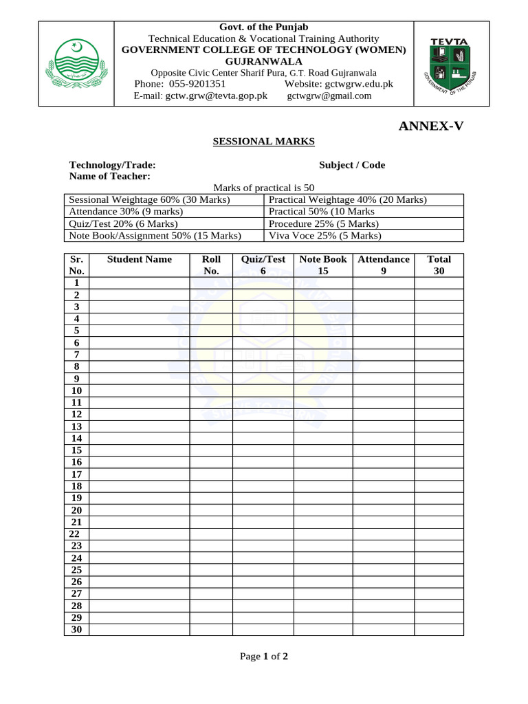 ANNEX V Sessional Marks (If Practical Is of 50 Marks) | PDF